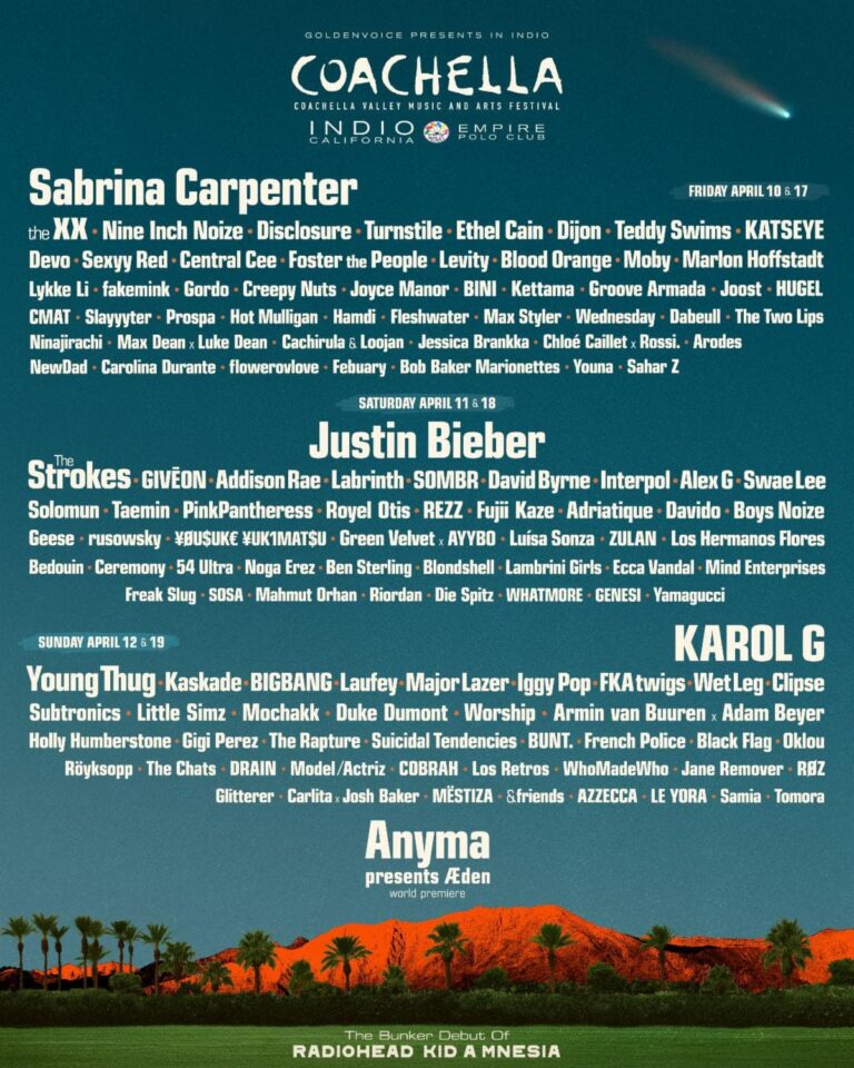 【Coachella 2026】コーチェラのラインナップ発表で、Sabrina Carpenter、Justin Bieber、Karol G、日本から藤井風、Creepy Nutsら出演決定 ...